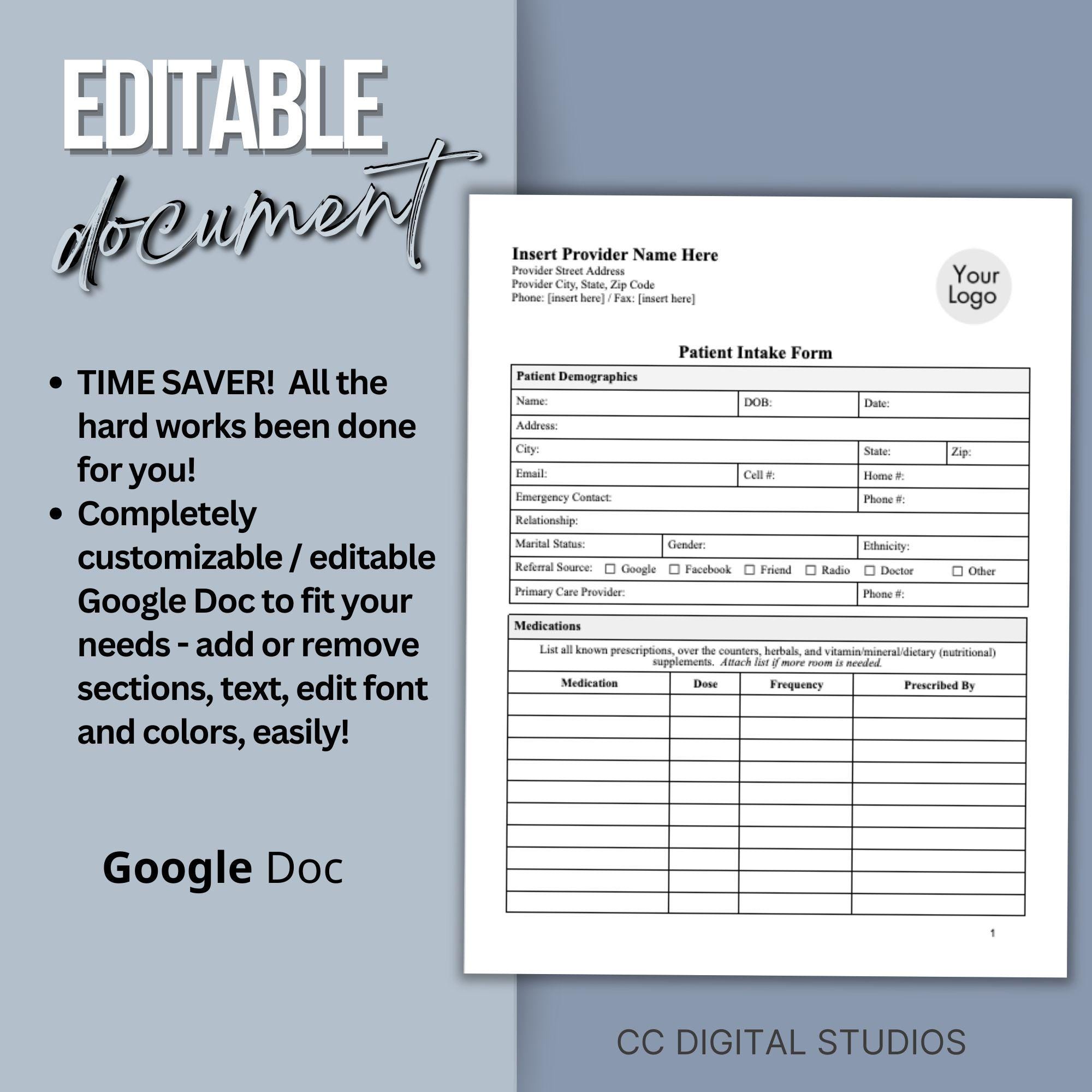 Medical Office Patient Intake Form: Editable Google Doc Template (US ...