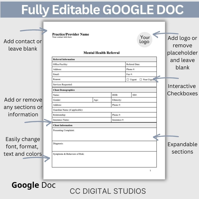 Mental Health Referral Template for Therapist Office, Private Practice ...