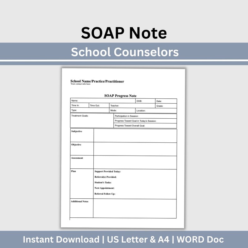 SOAP Note for School Counselors, School Social Worker Progress Note ...