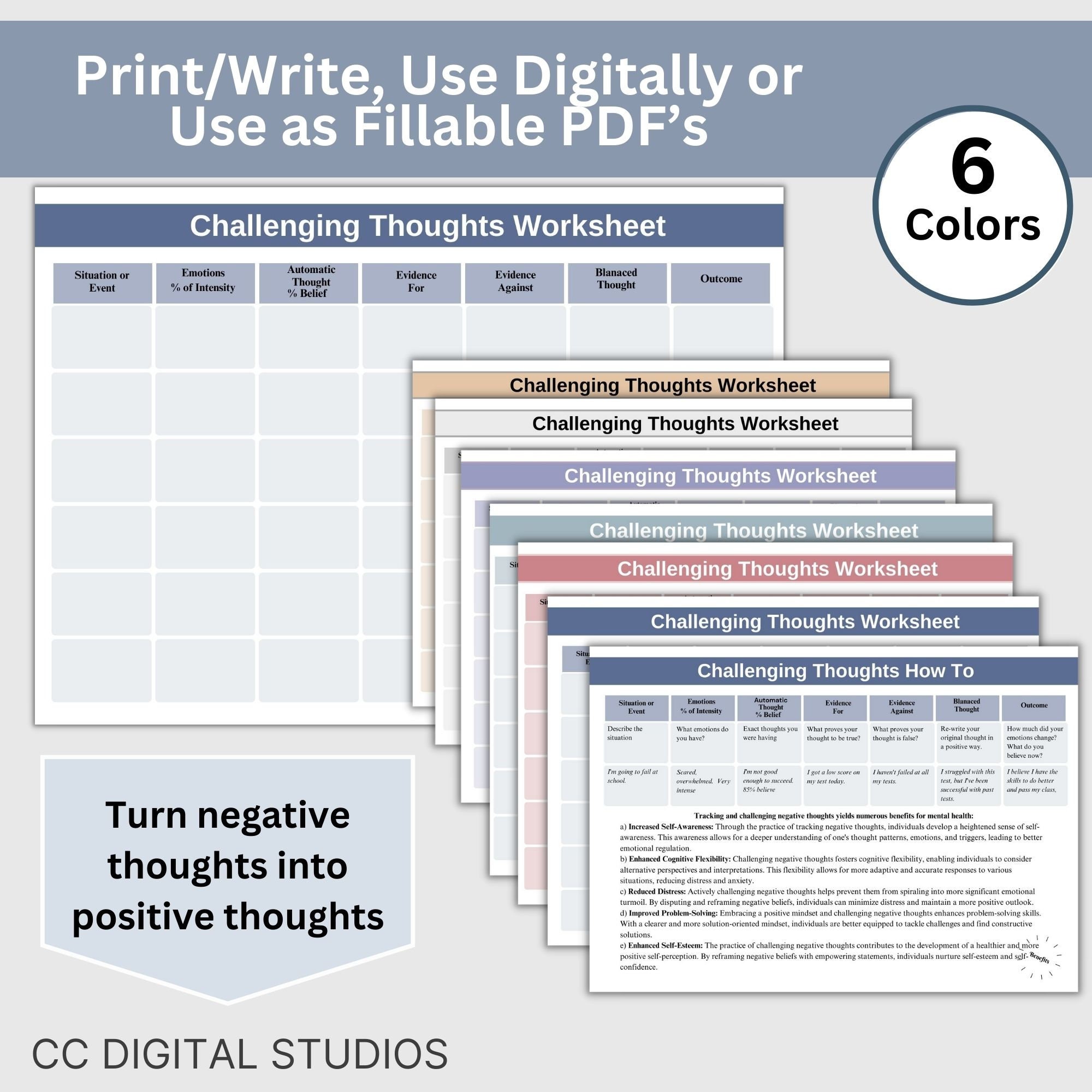 CBT Therapy Worksheets Challenge Negative Thoughts, Cognitive ...