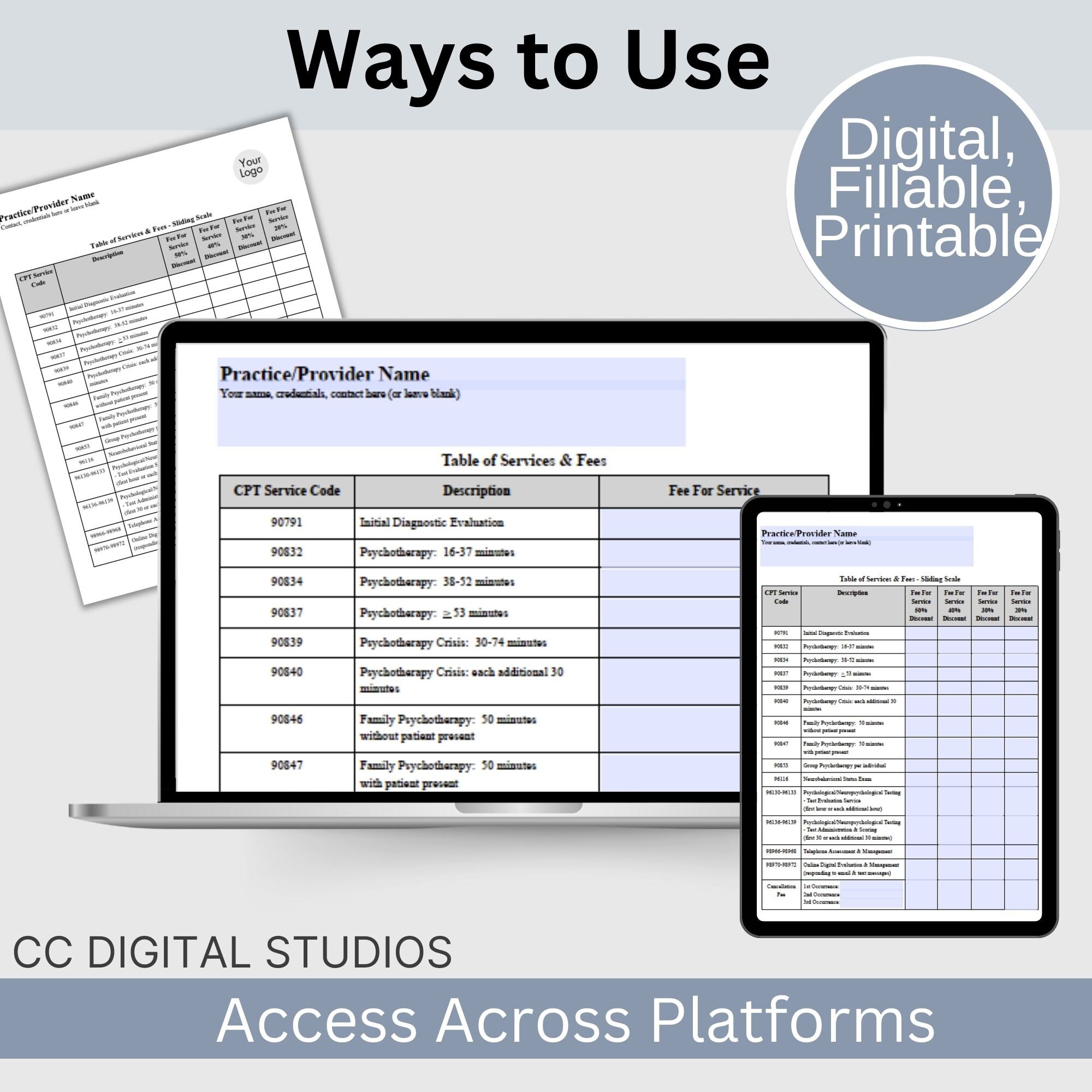 Clinical Fees Template, Sliding Fee Table, Fillable PDF, Therapy Tool ...
