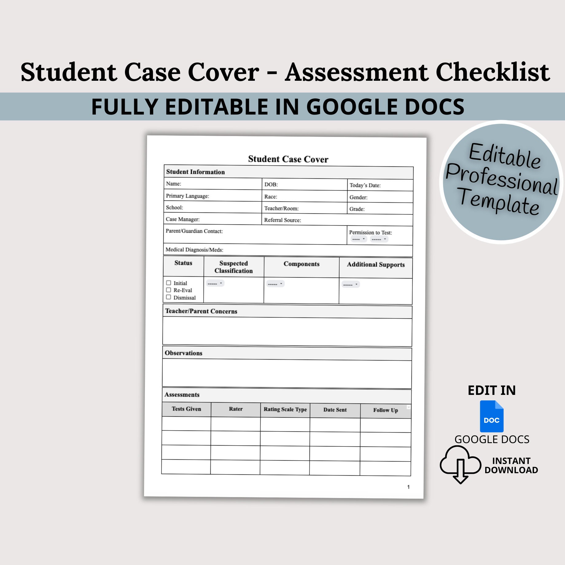 Student Assessment Template, School Psychologist, Student Case Cover ...