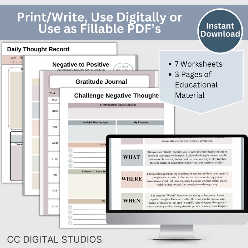 CBT Therapy Worksheets Challenge Negative Thoughts, Cognitive ...