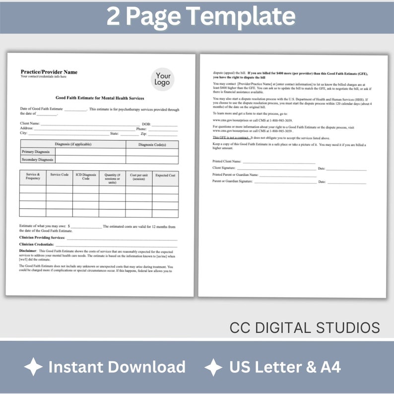 Good Faith Estimate Template: Fillable PDF for Therapists (US Letter ...