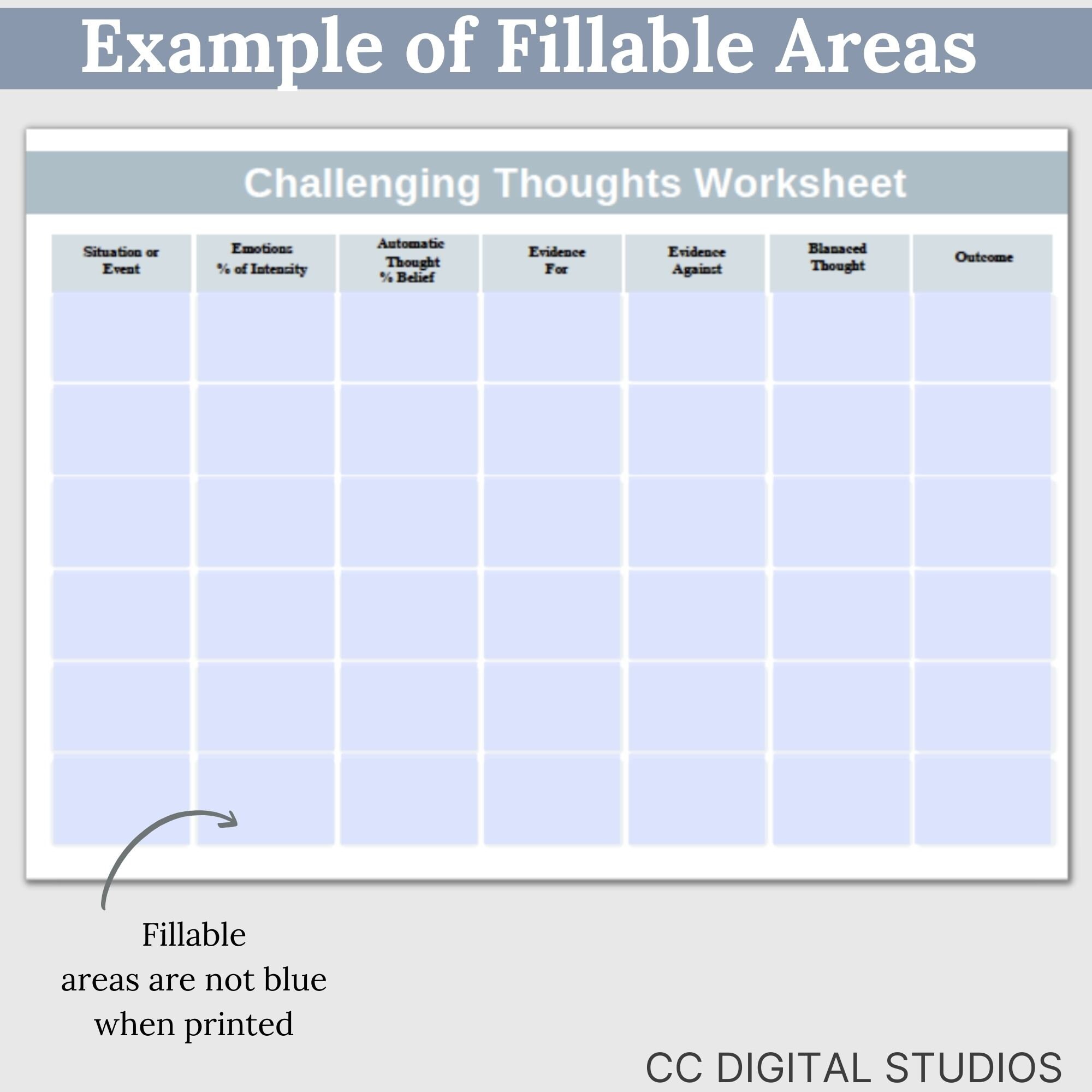 CBT Therapy Worksheets Challenge Negative Thoughts, Cognitive ...