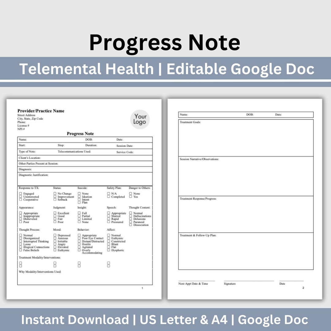 Therapy Notes for Telemental Health Therapist Office, Progress Notes ...
