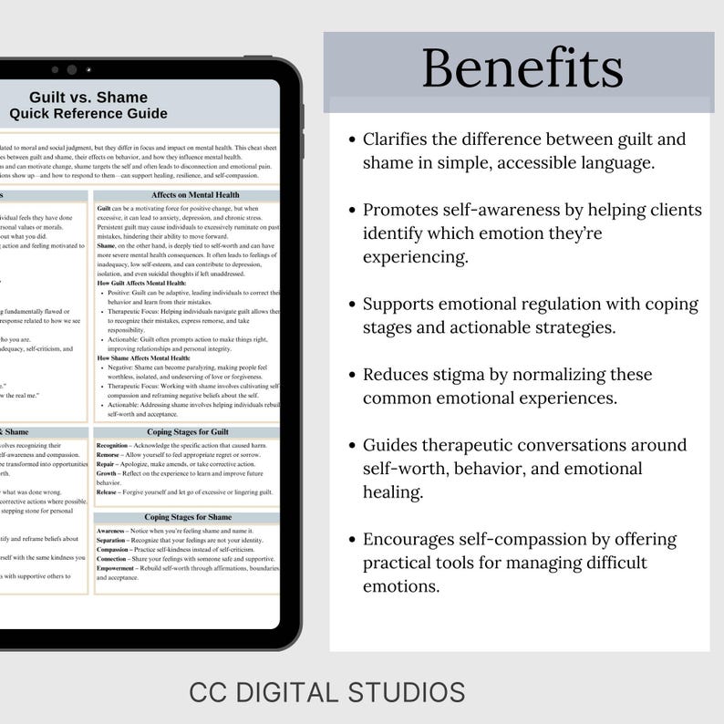 Guilt Vs Shame Therapy Cheat Sheet: Mental Health Resource (digital ...