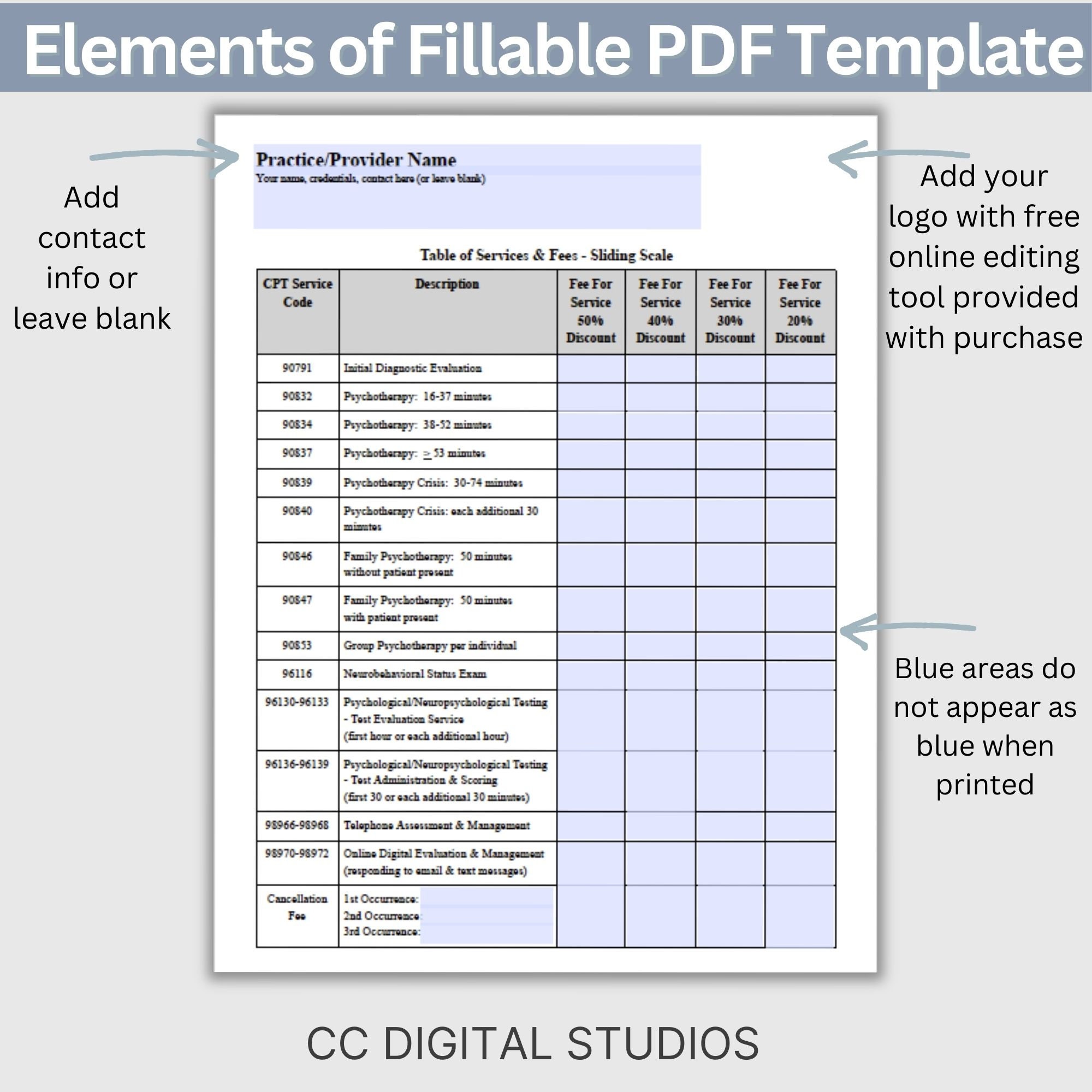 Clinical Fees Template, Sliding Fee Table, Fillable PDF, Therapy Tool ...