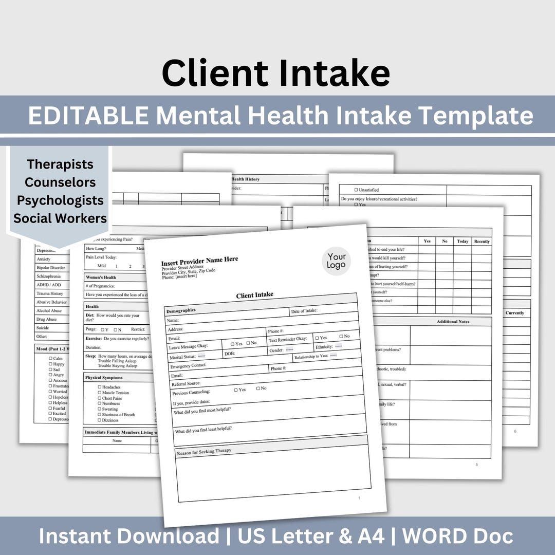 Therapist Client Intake Form: Editable Therapy Template (WORD Doc) - Etsy