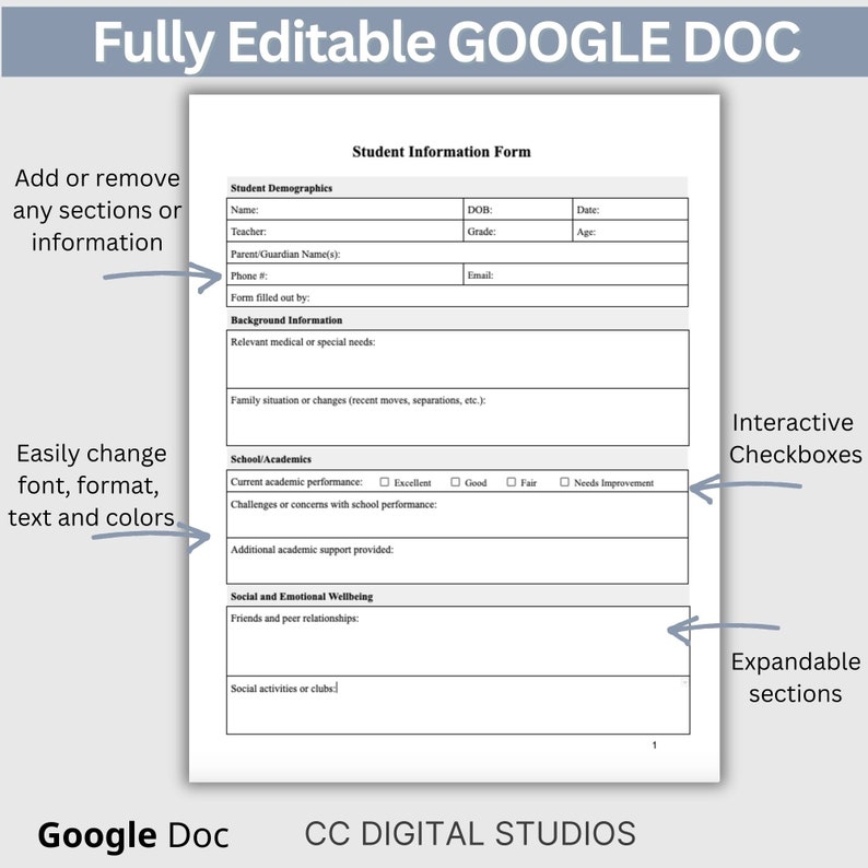 Editable Student Intake Form: Counselor Sheet, Student Information ...