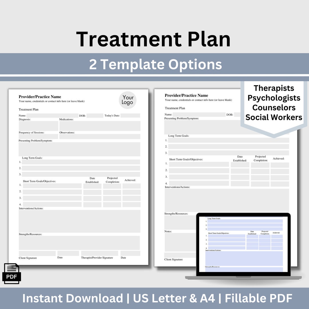 Treatment Plan Template, Therapist Documentation for Counseling Office ...