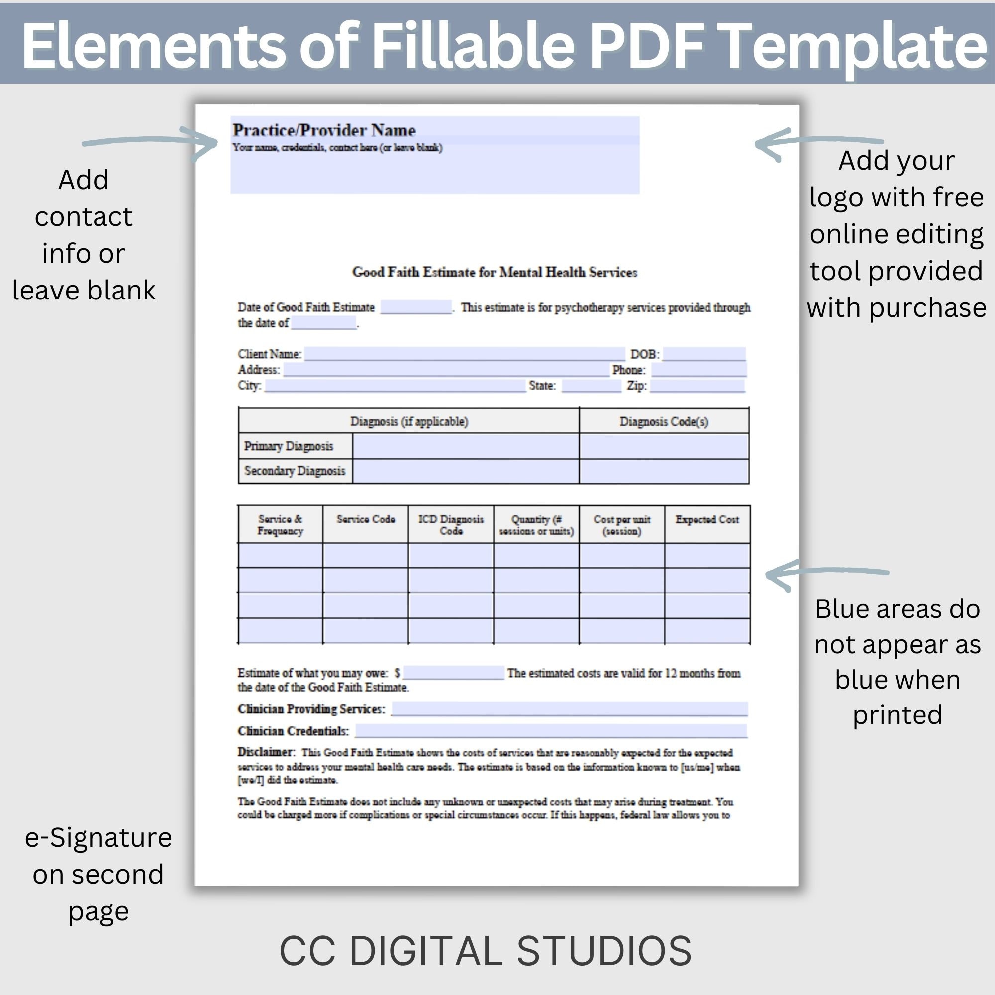 Good Faith Estimate Template: Fillable PDF for Therapists (US Letter ...
