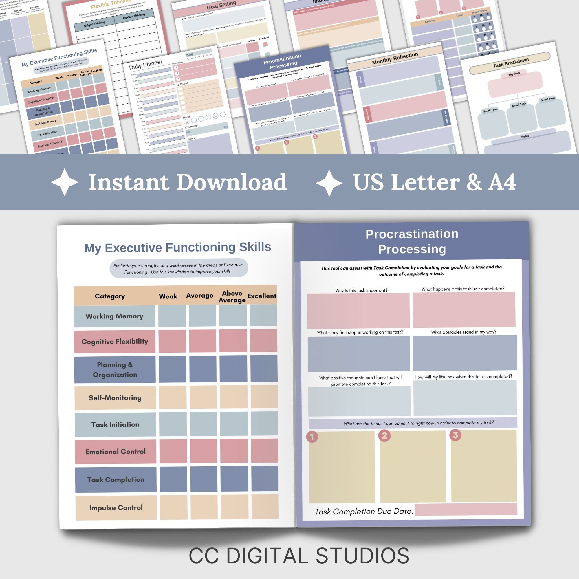 ADHD Executive Functioning Worksheets Bundle: Adult Therapy Tools ...