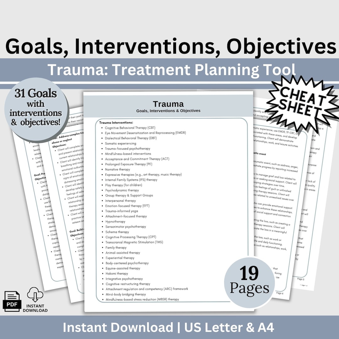 Therapy Cheat Sheet for Trauma Therapy, Therapy Tool Measurable Goals ...