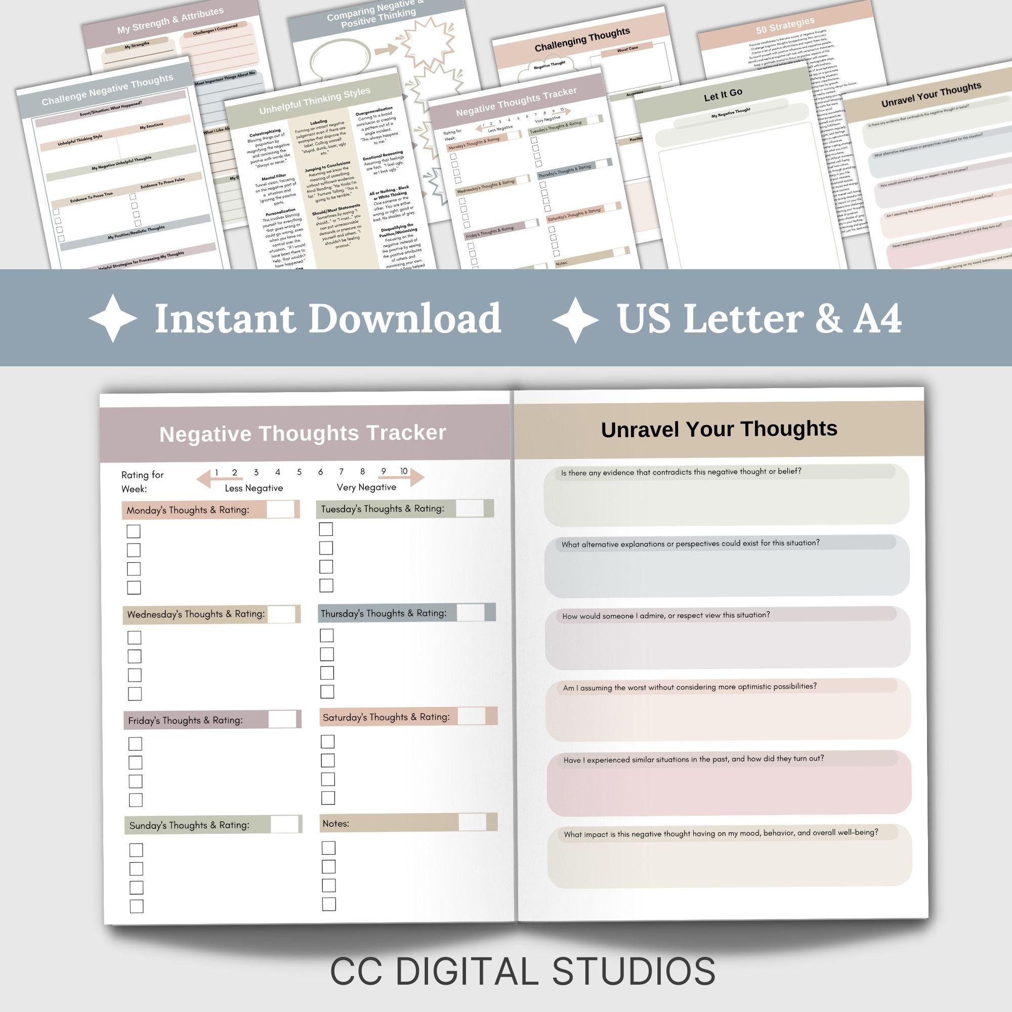 CBT Therapy Worksheets Challenge Negative Thoughts, Cognitive ...