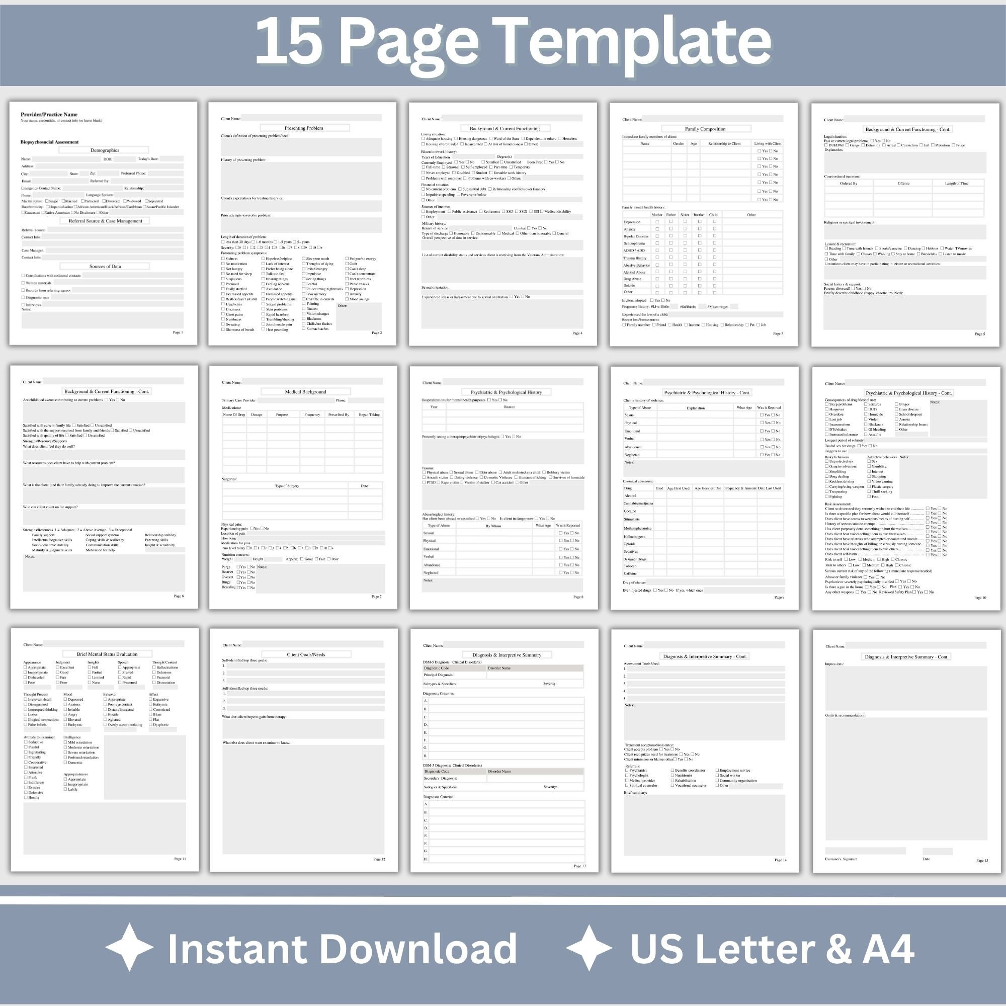 Biopsychosocial Intake Assessment Form: Fillable Therapist Template ...