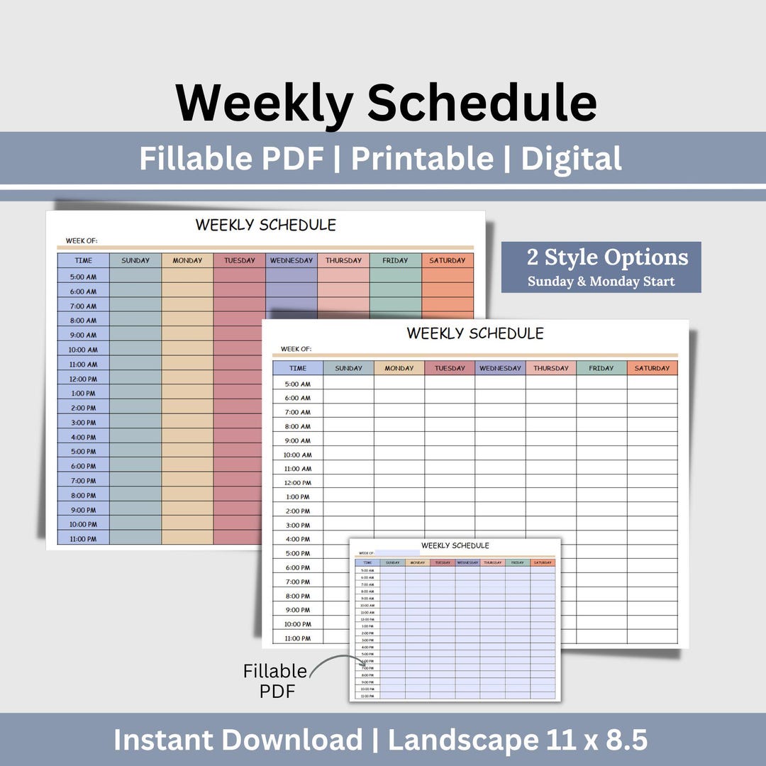 Printable Weekly Schedule: Fillable Organizer Template (PDF) - Etsy