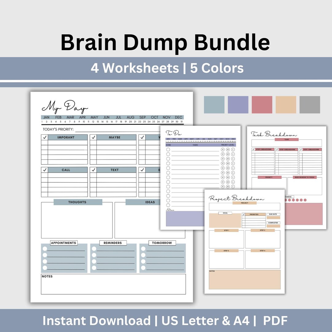 Brain Dump BUNDLE, ADHD Planner, to Do List, Task Thoughts Organizer ...