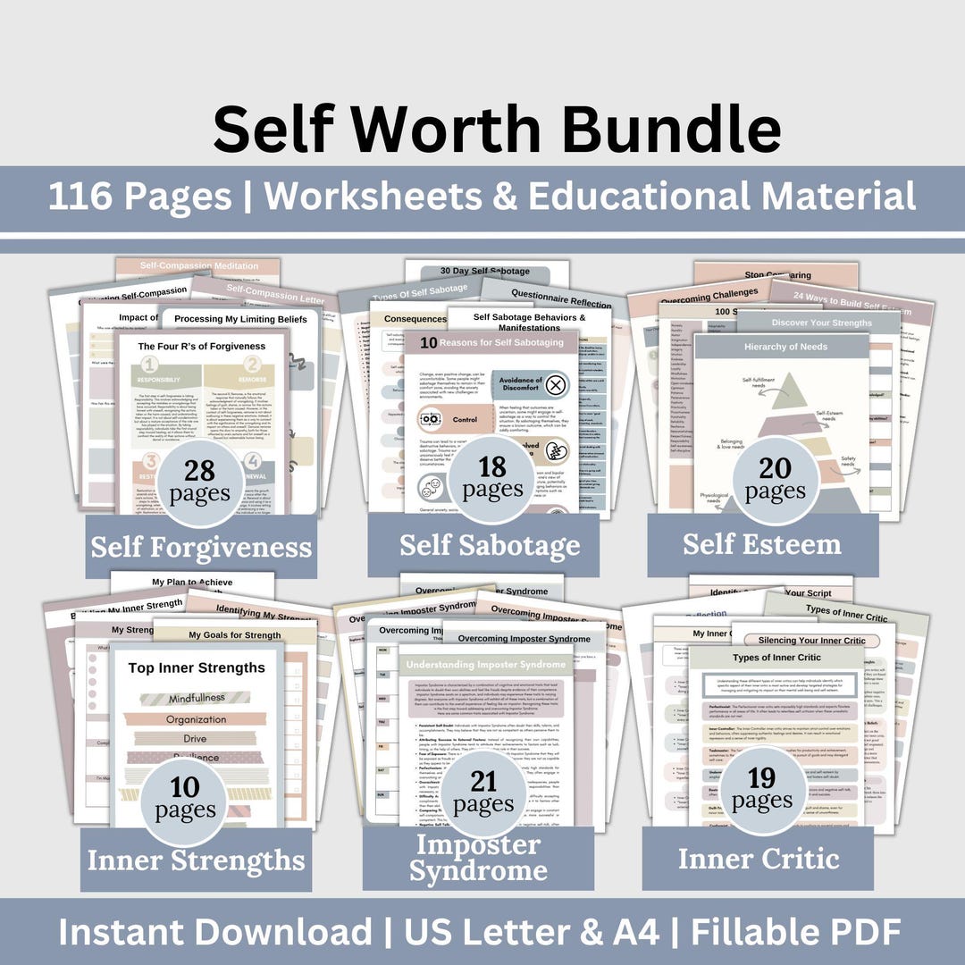 Self Worth Therapy Worksheets Bundle, Confidence, Self Esteem, Inner ...