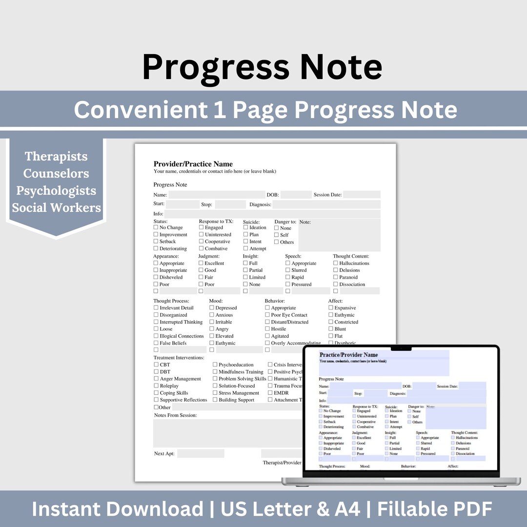 Progress Note for Mental Health Counselors, Therapist Documentation ...