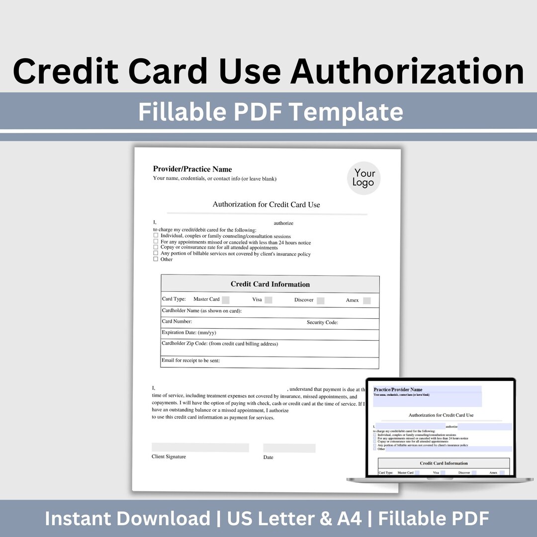 Credit Card Authorization Form: Fillable PDF for Therapist Office - Etsy