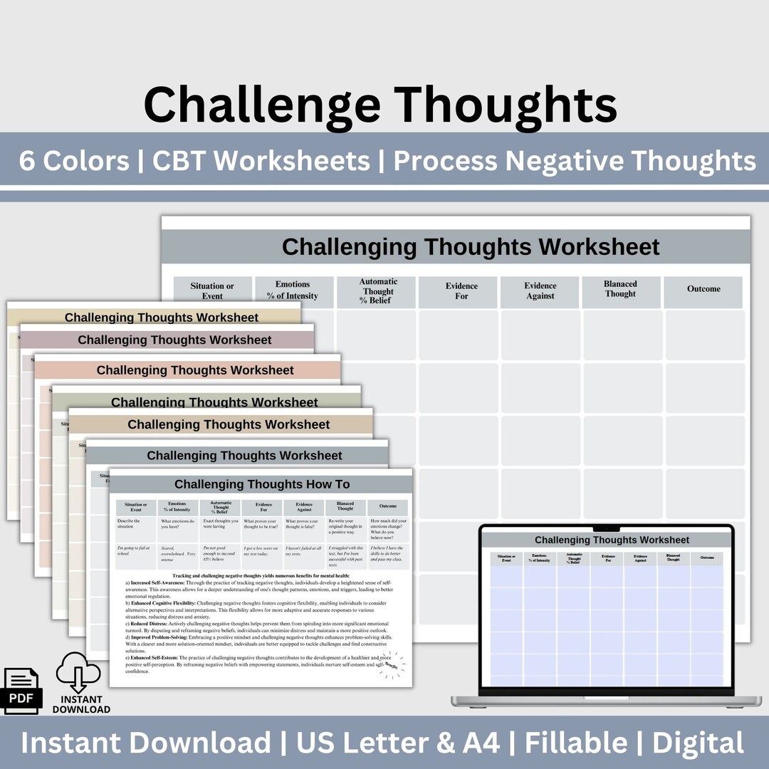 CBT Therapy Worksheets Challenge Negative Thoughts, Cognitive ...