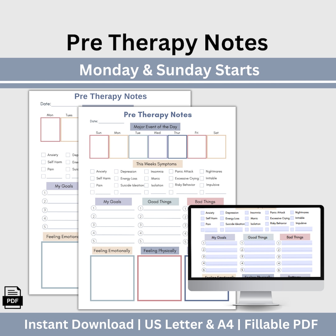 Pre Therapy Notes, Therapy Session Log, Mood Tracker, Therapy Overview ...