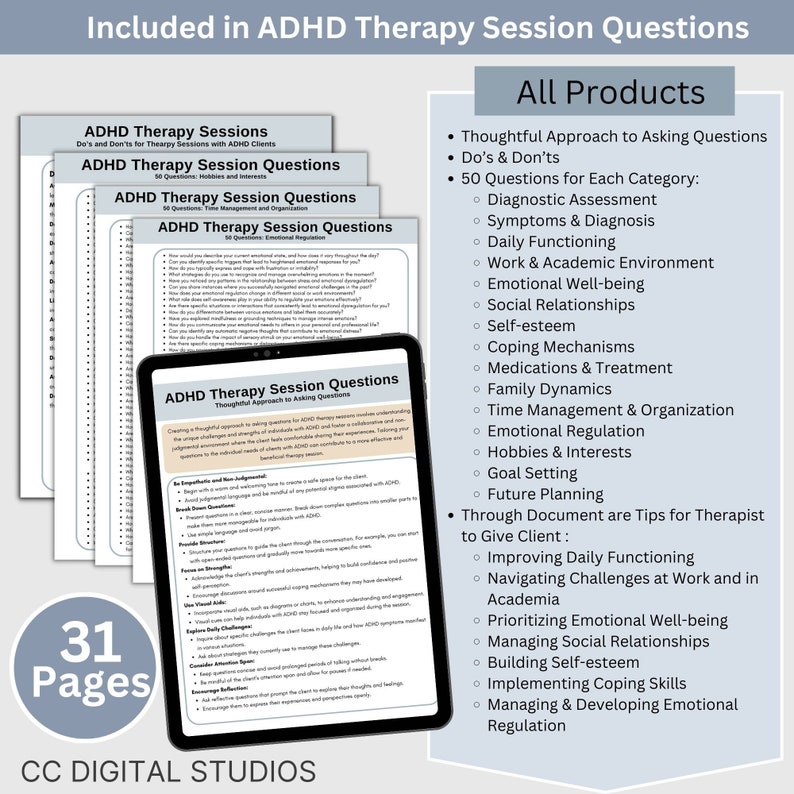 ADHD Therapy Questions, Therapist Planner Reference Sheet, Perfect for ...