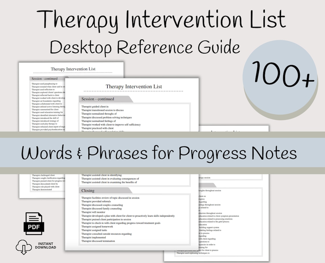 Therapist Intervention List Clinical Terms Reference Sheet - Etsy