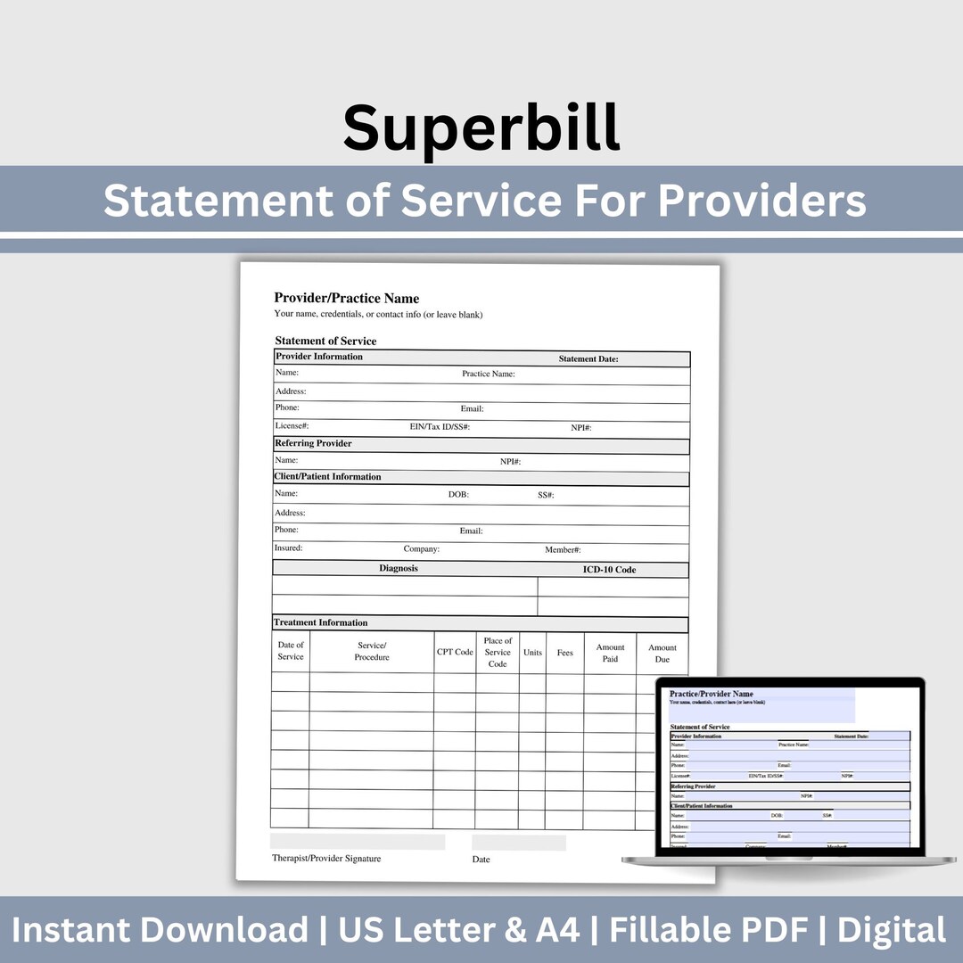 Mental Health Superbill Template: Fillable PDF for Therapists (US ...
