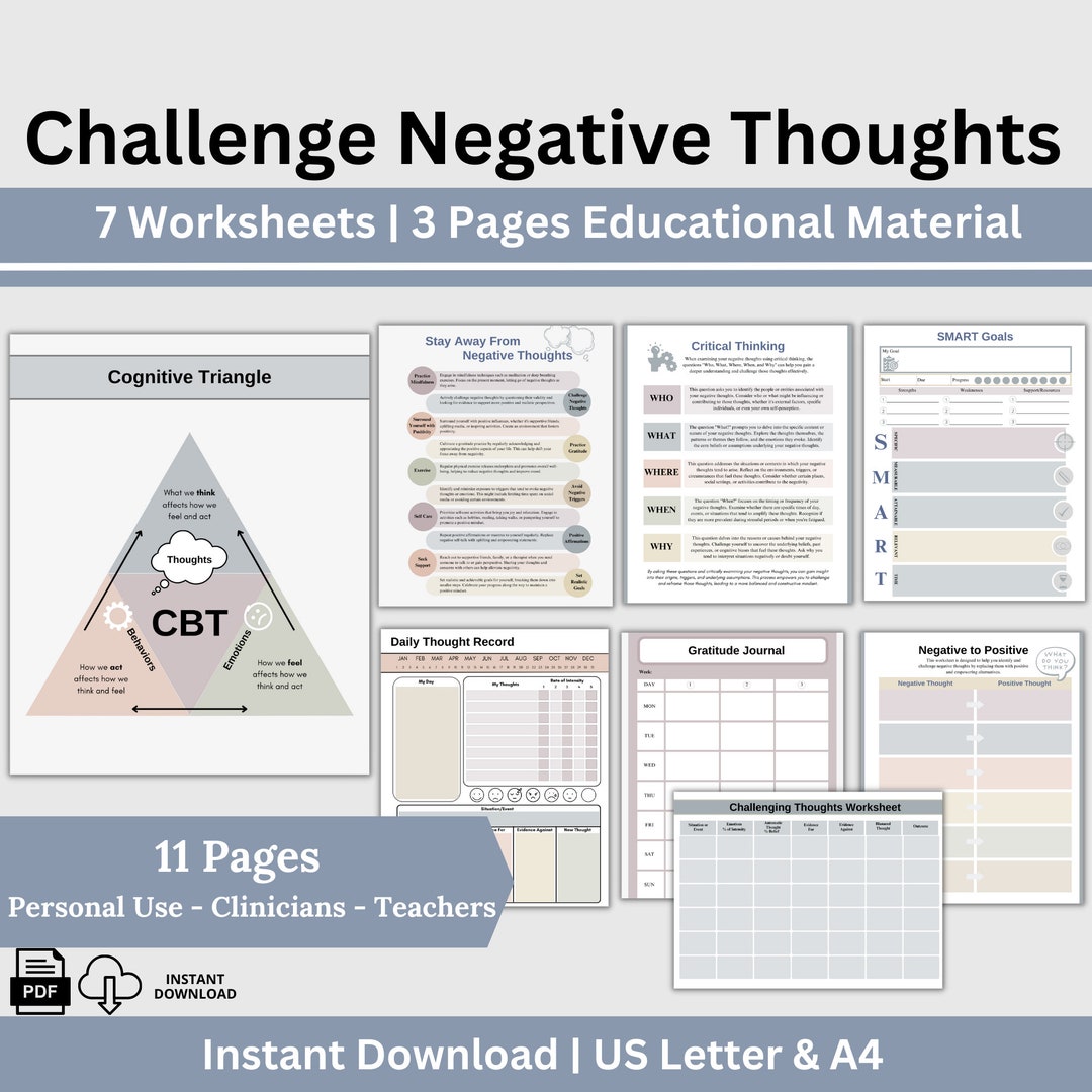 CBT Therapy Worksheets Challenge Negative Thoughts, Cognitive ...