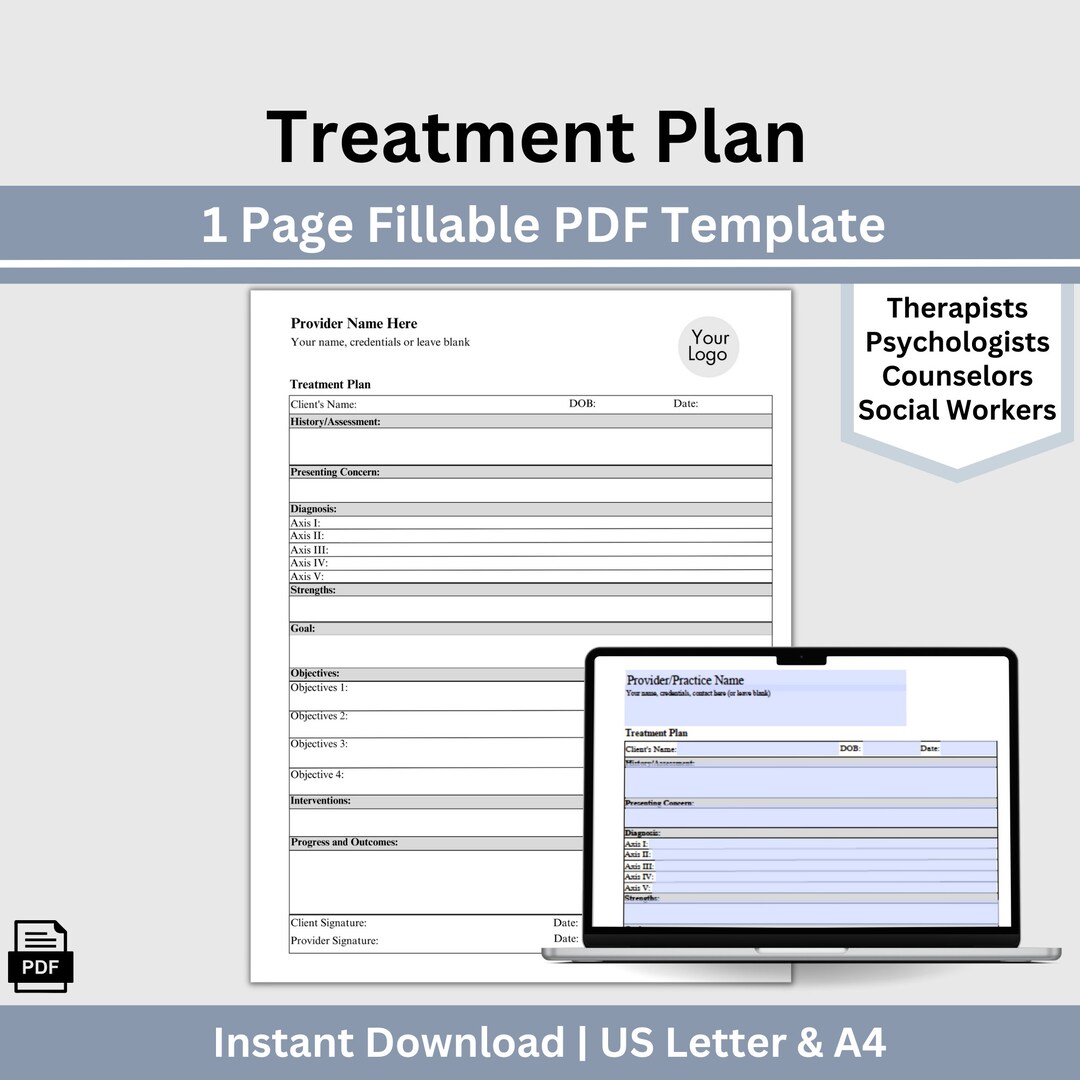 Treatment Plan Template for Therapists Fillable PDF - Etsy