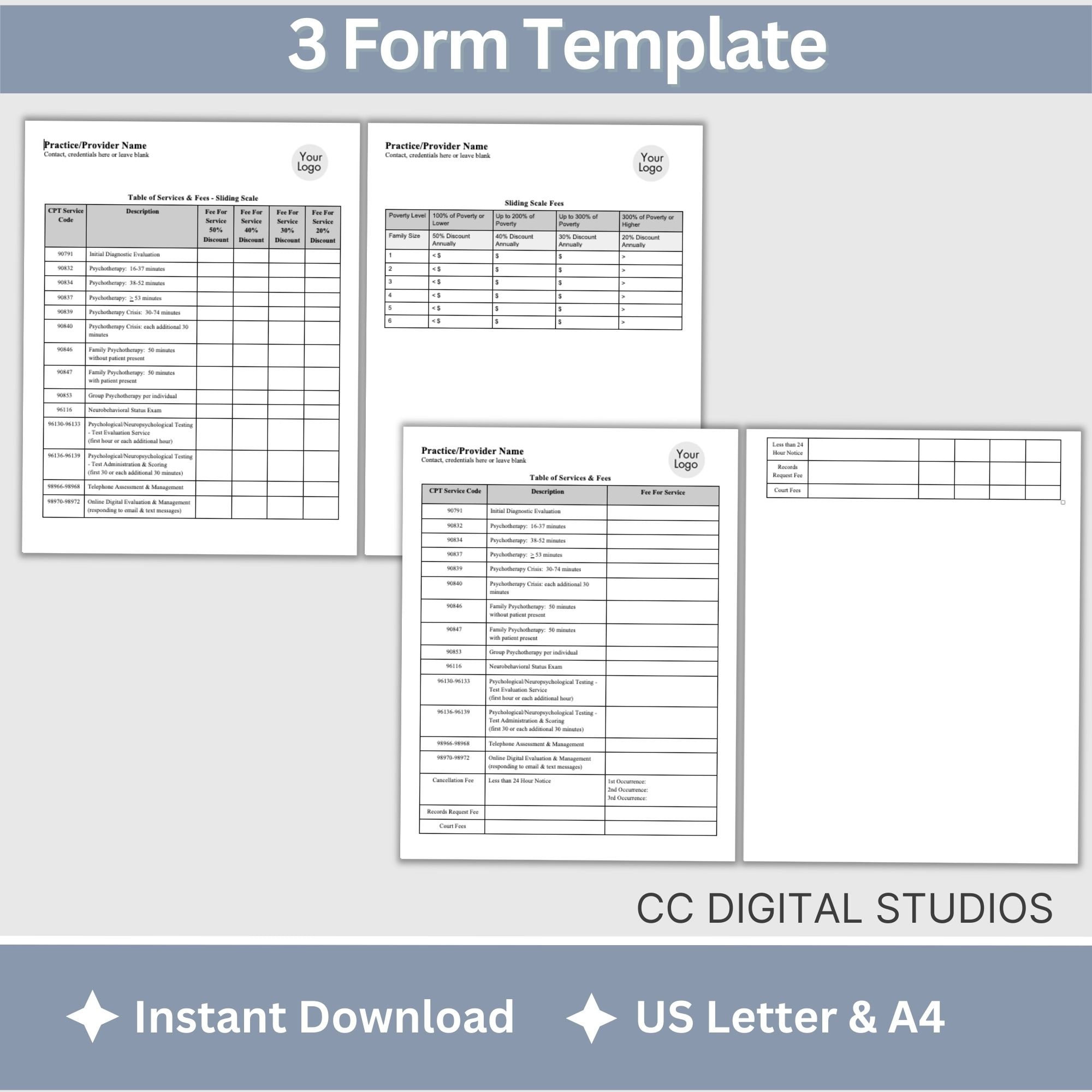 Clinical Fees Template, Sliding Fee Table, Fillable PDF, Therapy Tool ...