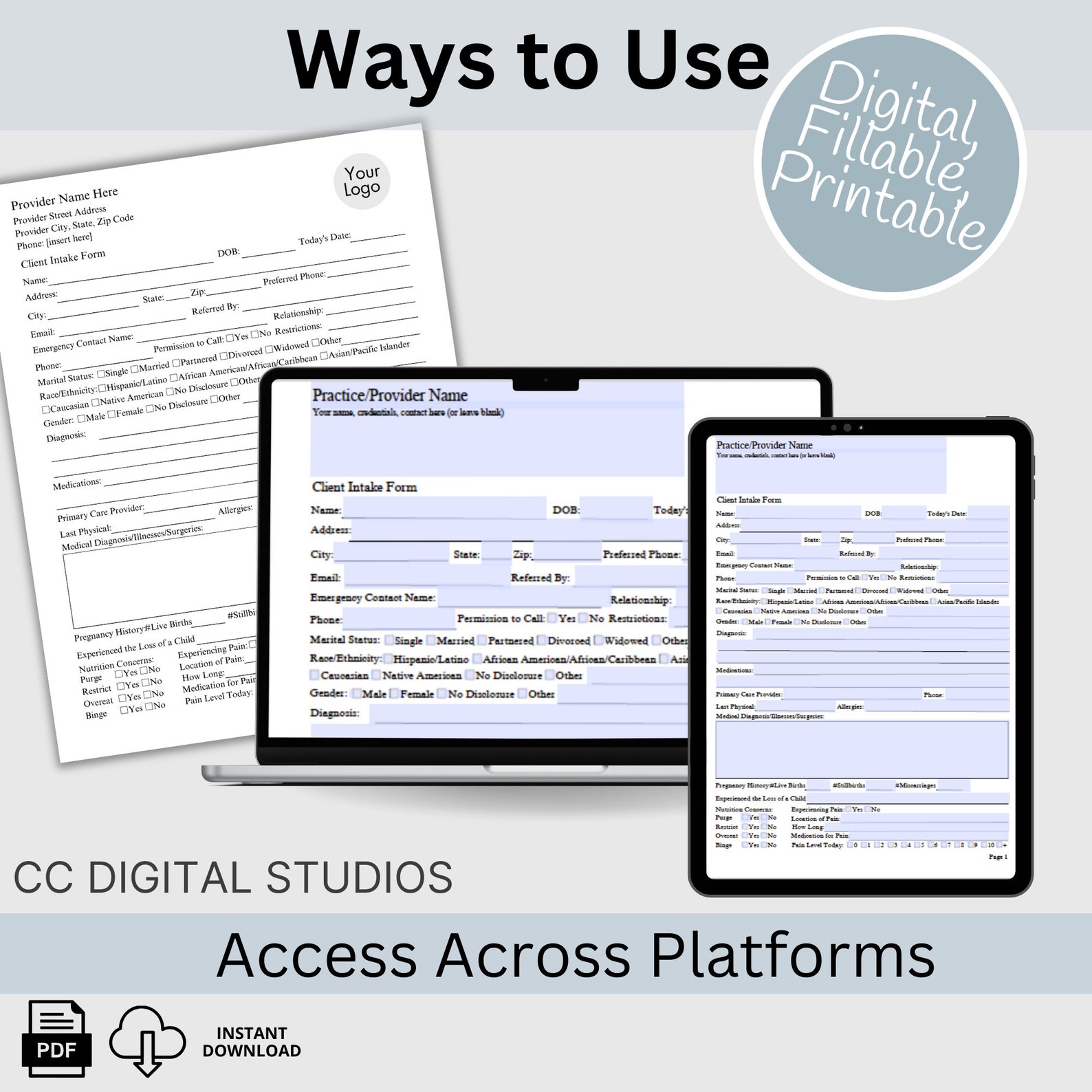 Client Intake Form Fillable PDF for Therapist Office, Private Practice ...