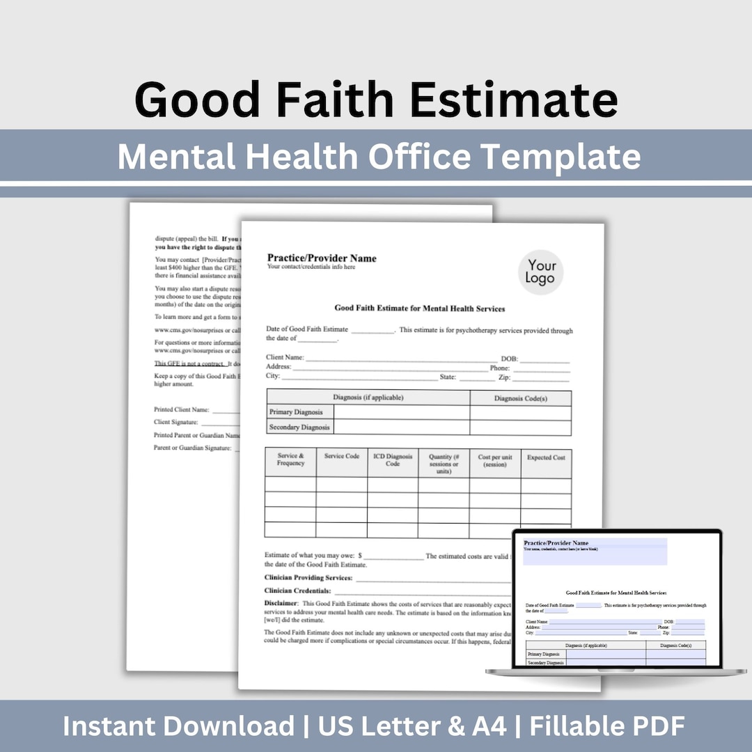 Good Faith Estimate, Fillable PDF Psychology Private Practice Template ...