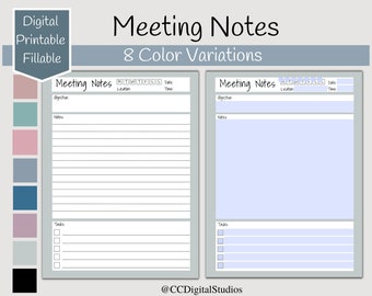 Meeting Notes Template Printable Meeting Agenda Fillable PDF - Etsy