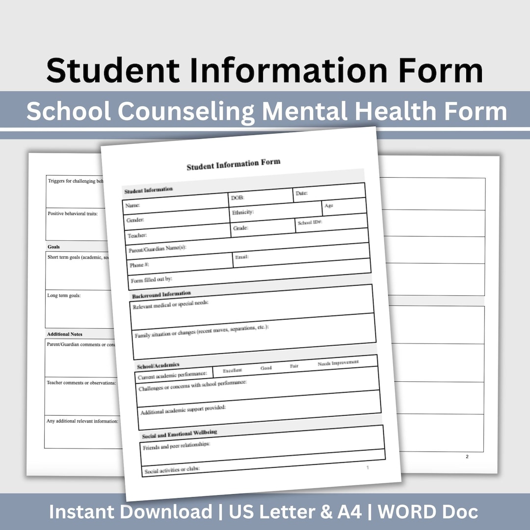 Counselor Student Intake Form Editable Word Doc Student Information ...