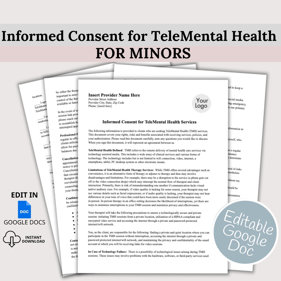 Informed Consent for Telehealth Services for Minors, Editable Google ...
