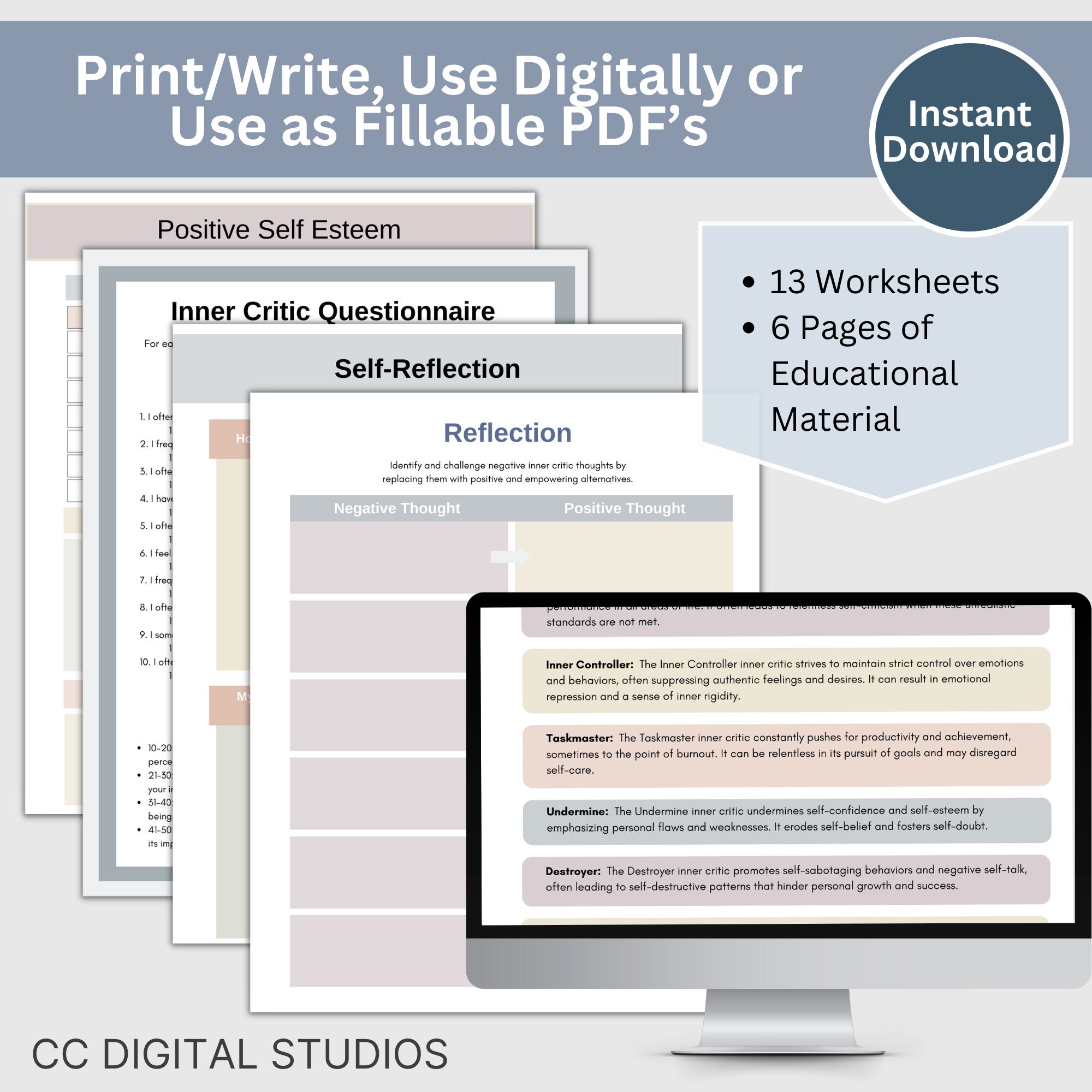 Inner Critic Therapy Worksheets, Self Help Inner Child Processing ...