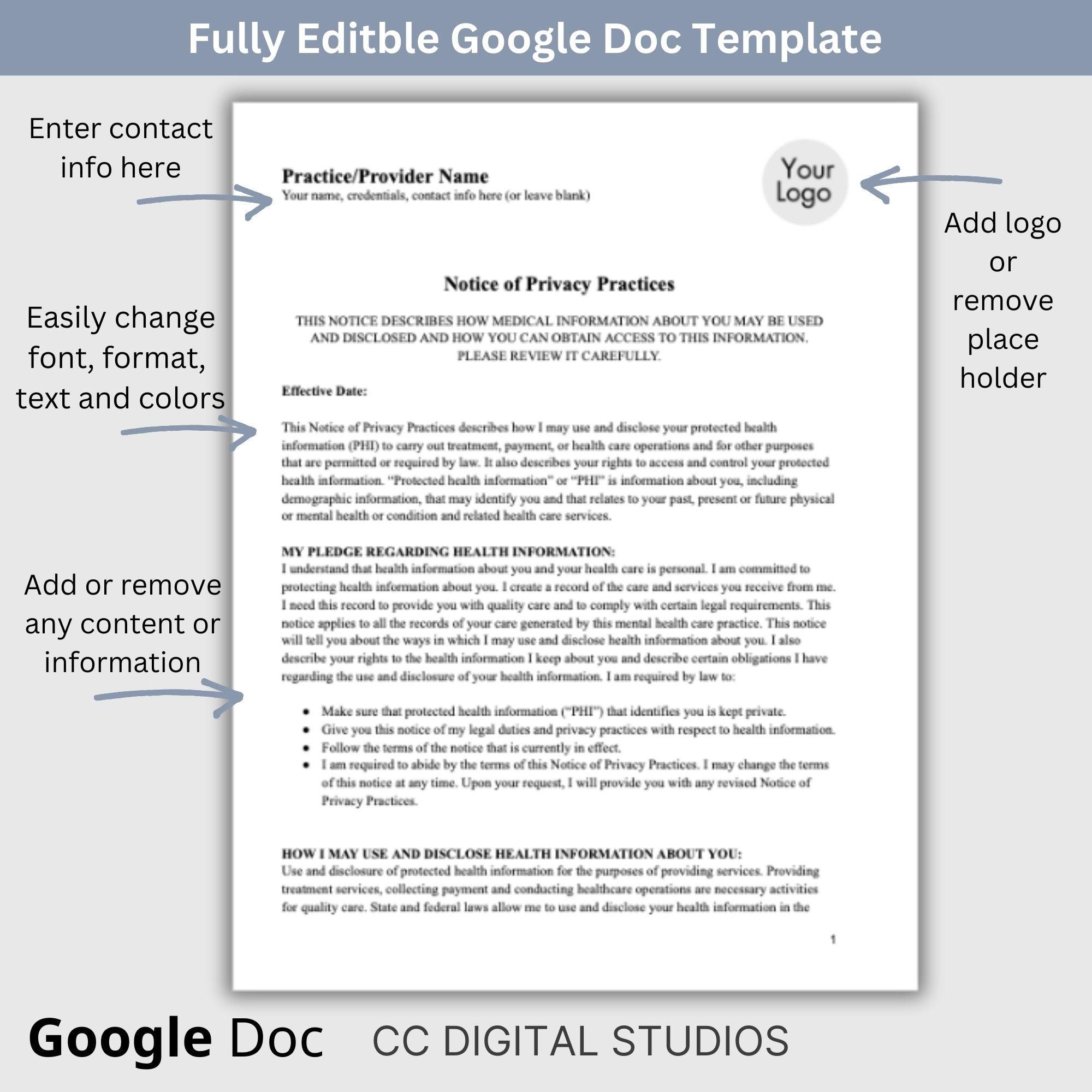 HIPAA Template, Notice of Privacy Practices, Editable Google Doc ...