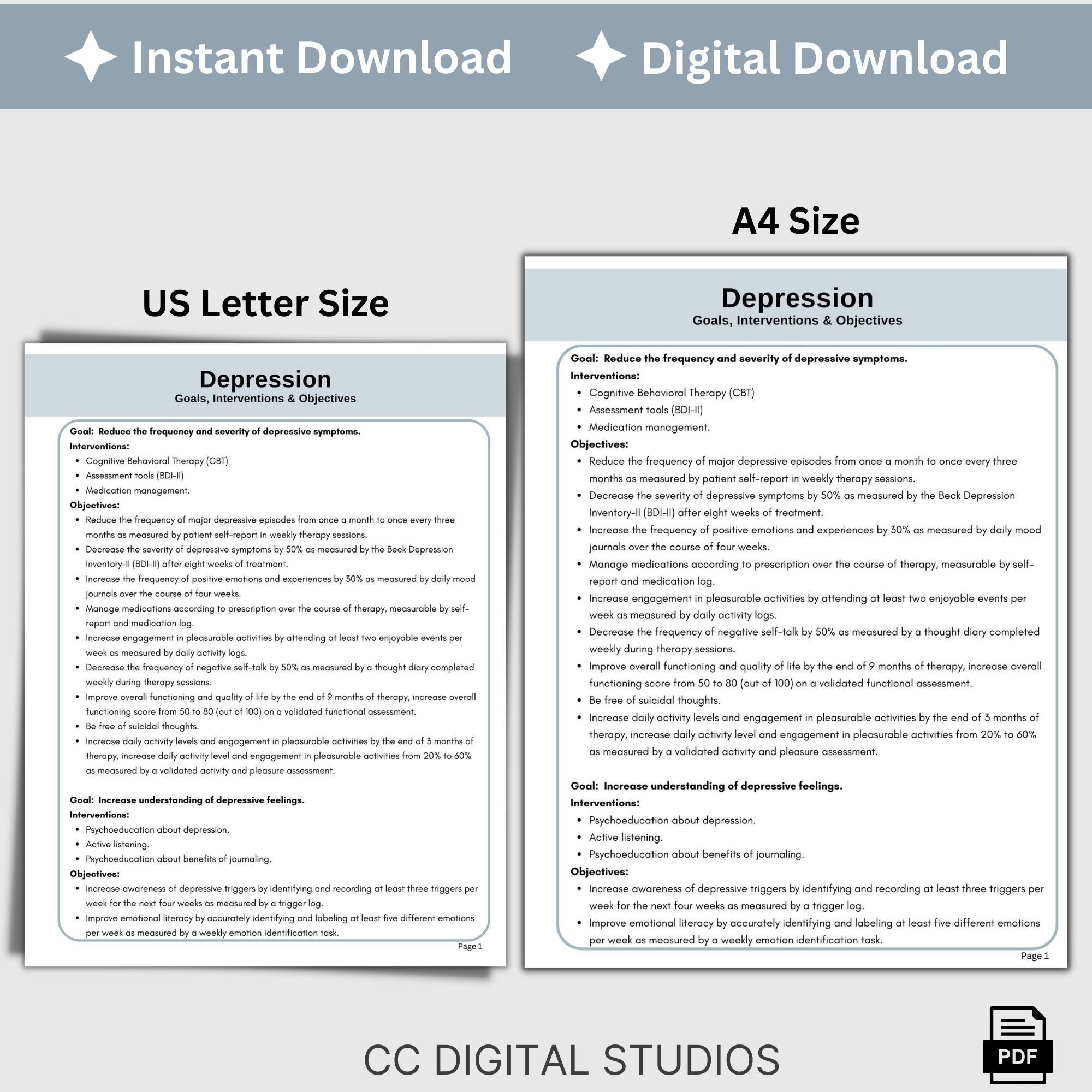 Depression Therapy Tool Goals Measurable Objectives and Interventions ...
