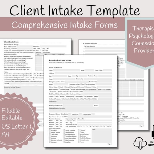 Client Intake Form Printable Therapy Office Documentation - Etsy