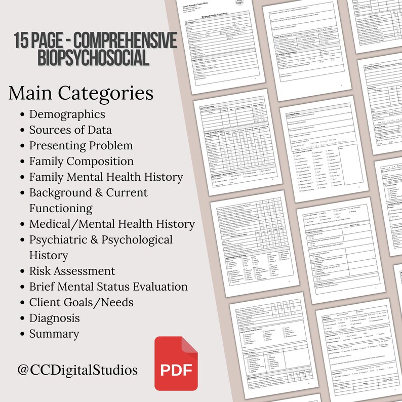 Biopsychosocial Intake Assessment Form, Comprehensive Fillable Form ...