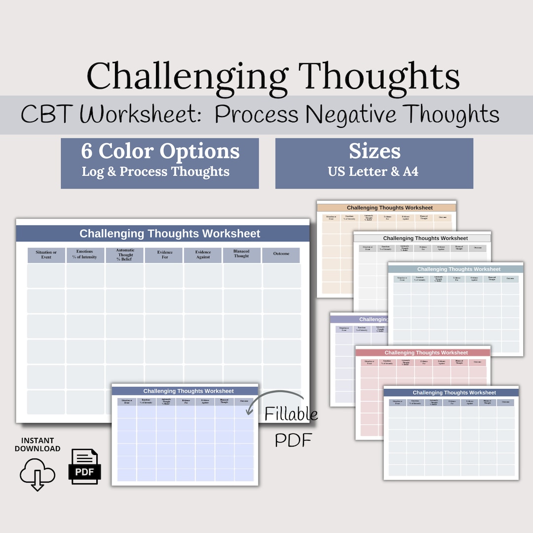 Thought Challenging Worksheet, CBT Therapy, Cognitive Distortions ...