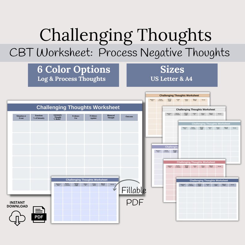 Thought Challenging Worksheet, CBT Therapy, Cognitive Distortions ...