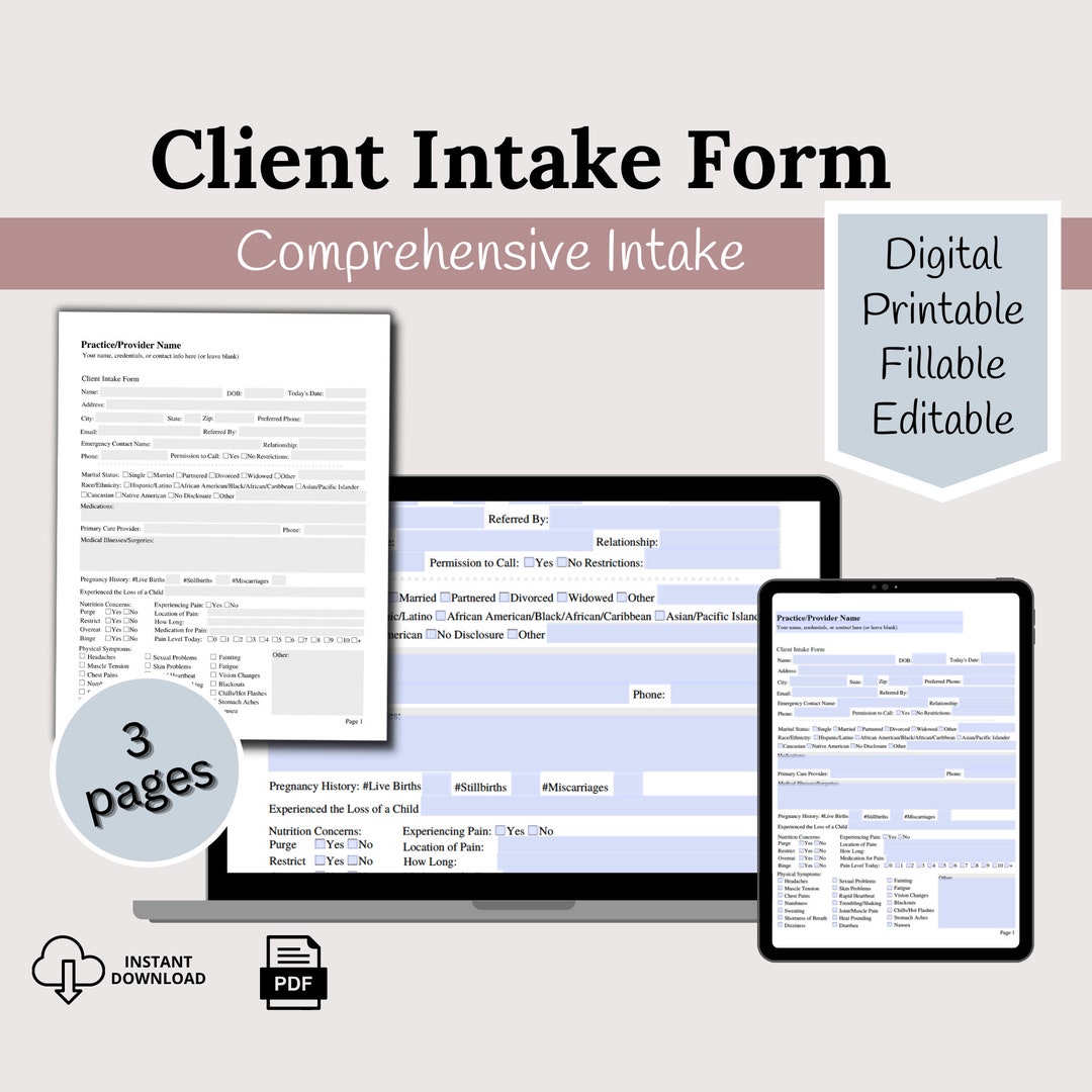 Client Intake Form for Therapists Fillable & Editable - Etsy UK