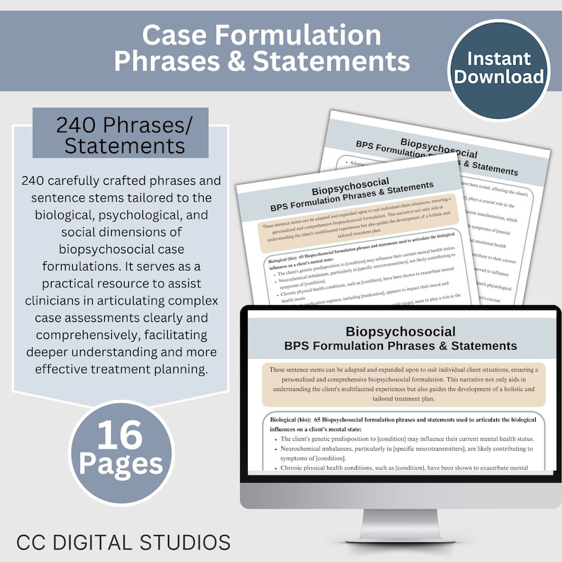 Mental Health Biopsychosocial Guide: Case Formulation Phrases (digital ...