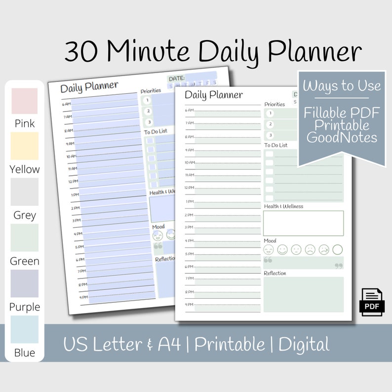 30-minute Daily Planner Printable: Time Blocking, Productivity (PDF) - Etsy