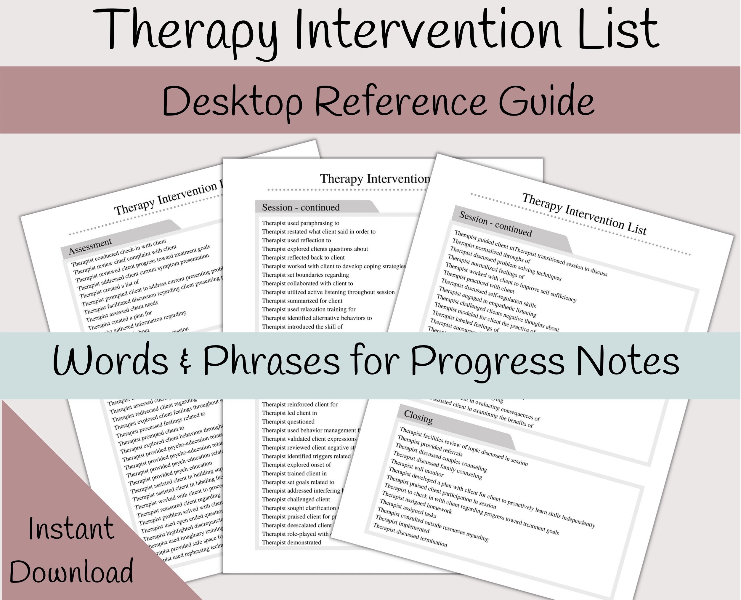 Therapist Intervention List Clinical Terms Reference Sheet - Etsy