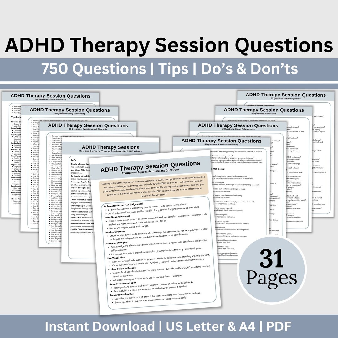 ADHD Therapy Questions, Therapist Planner Reference Sheet, Perfect for ...